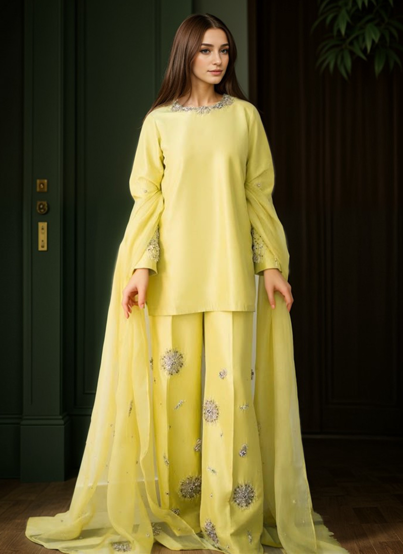 Shop Yellow Silk Moti And Cutdana Hand Embroidered Palazzo Suit Festive ...