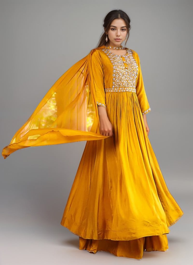 Shop Yellow Silk Stone Hand Embroidered Mirror Work Palazzo Suit ...