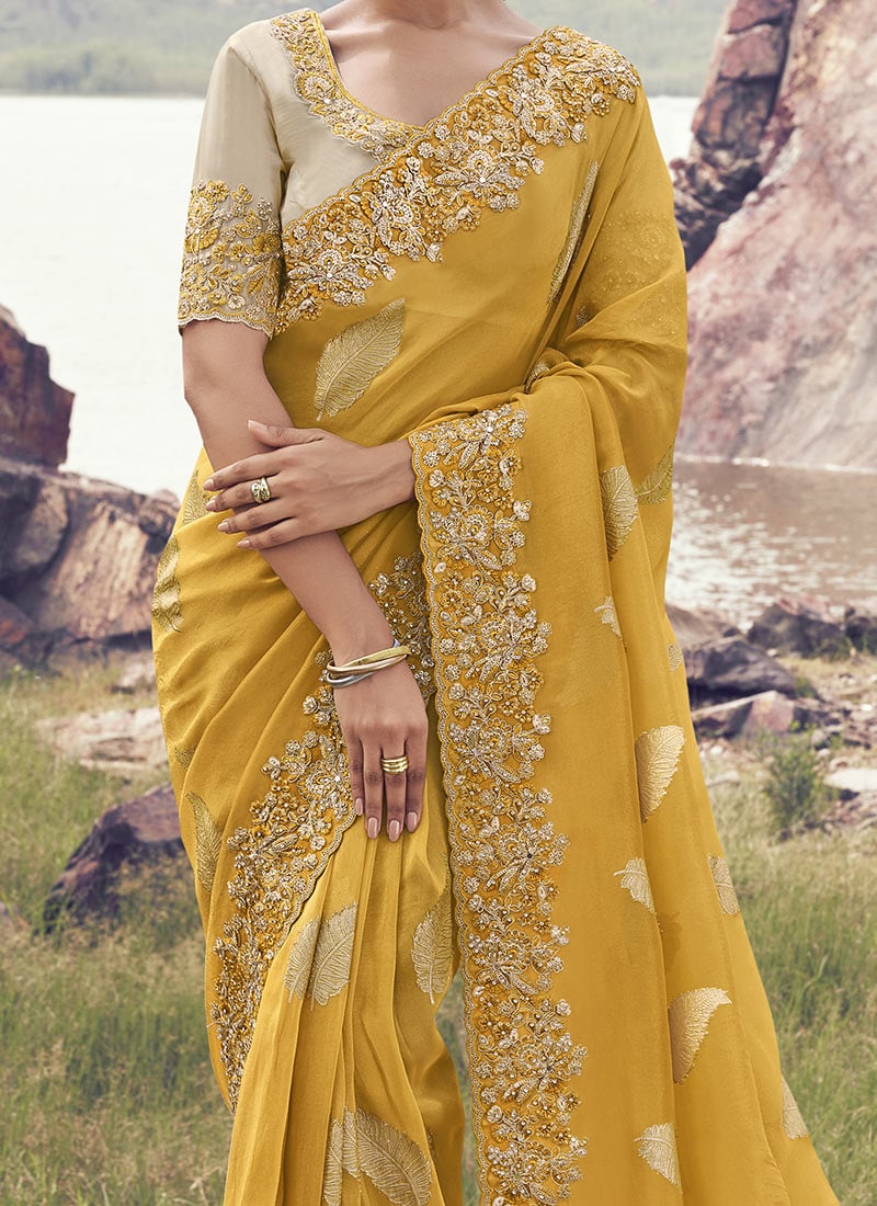 Buy Yellow Tissue Silk Sequins Embroidered Stones Jacquard Thread Saree ...