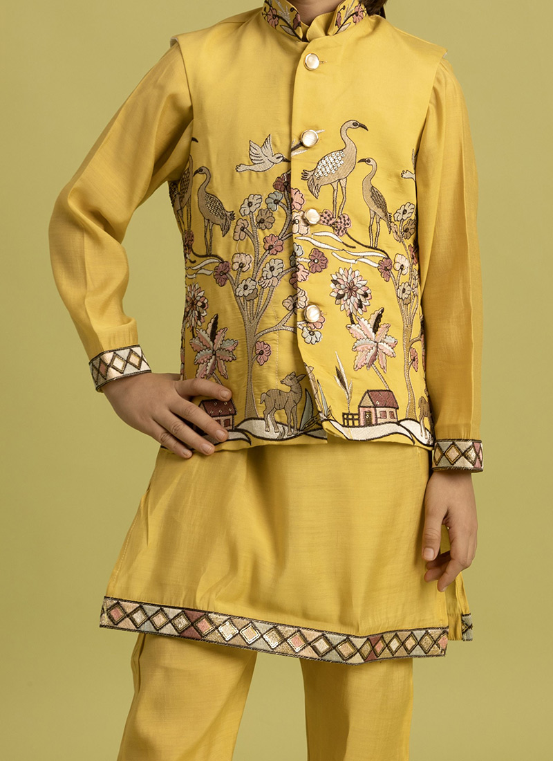Buy Yellow Viscose Silk Embroidered Sequins Kids Boys Bandi Set Festive ...
